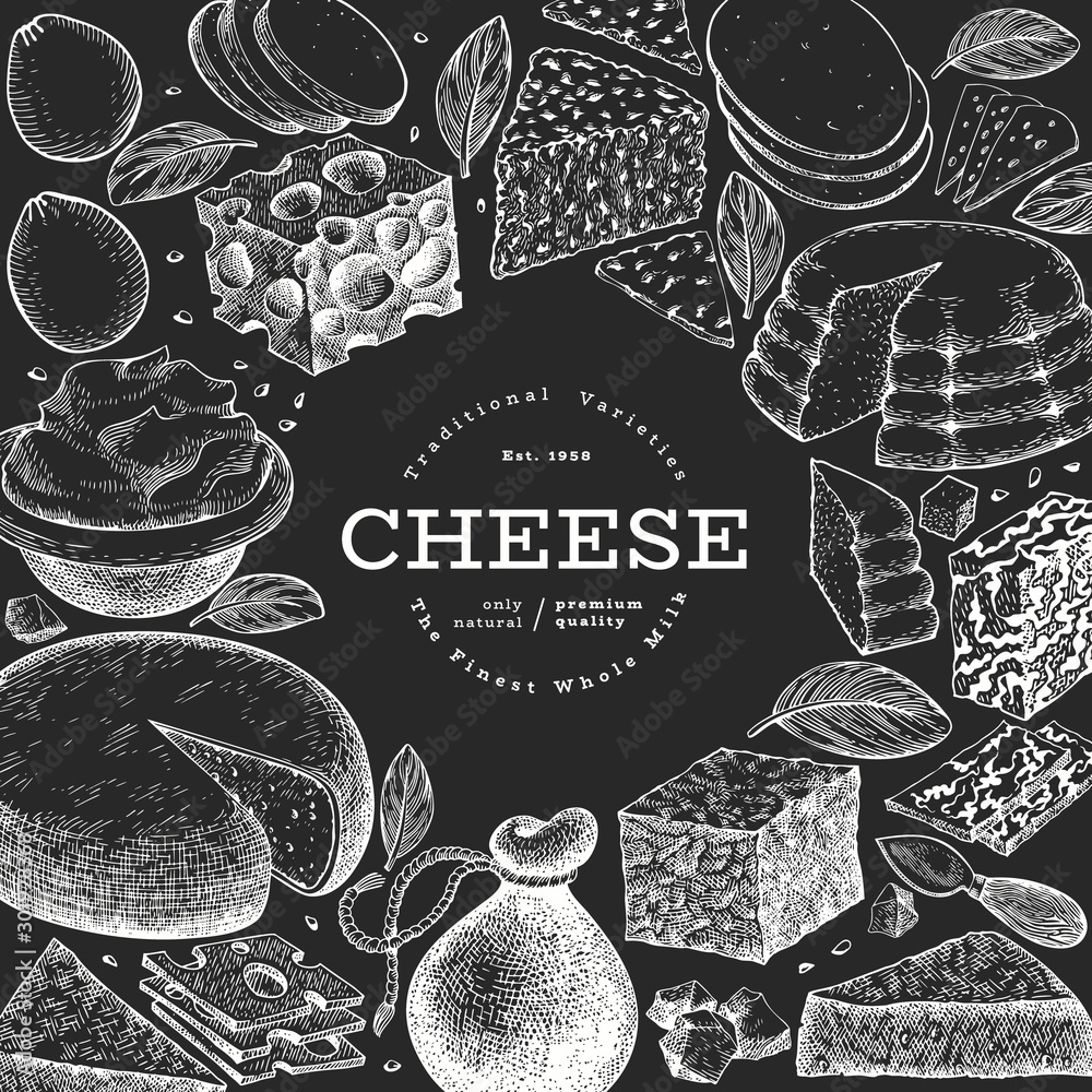 Cheese design template. Hand drawn vector dairy illustration on chalk ...