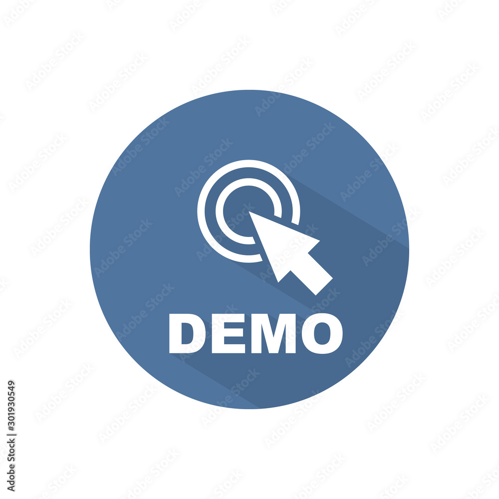 Demo with cursor sign icon. Demonstration symbol. Circle flat button ...