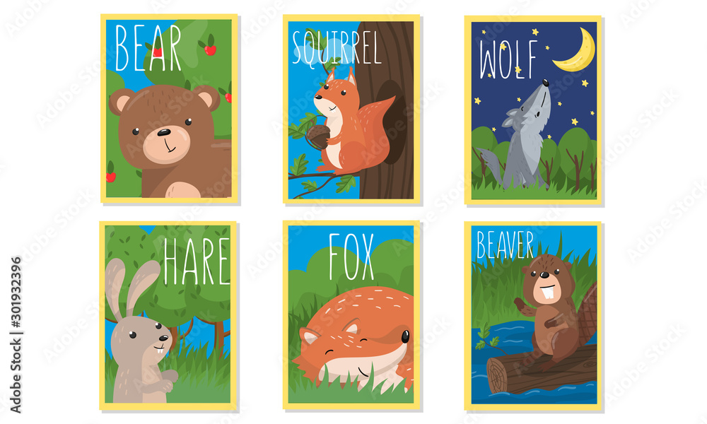 Colorful Animal Cards With Their Names on It For Kids Vector Set Stock ...