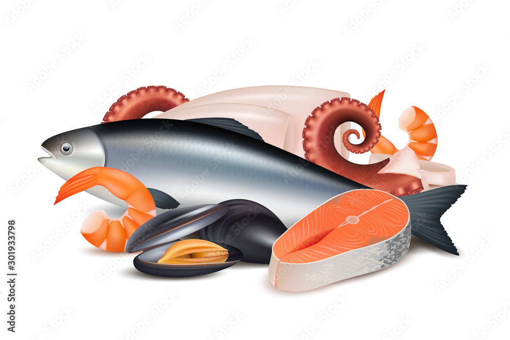 Seafood. Composition of different fresh protein food fish octopus ...