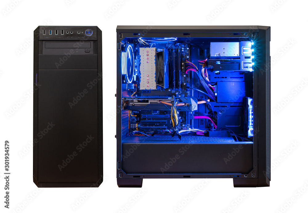 Gaming computer isolated. Modern computer case with components. Front ...