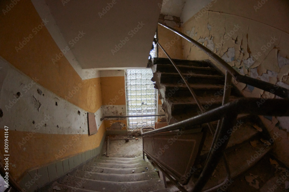 Stair case at communist abandoned soviet military base in east Germany ...