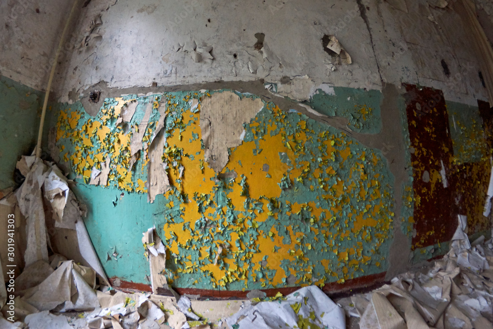 abstract background of abandoned room destroyed with yellow and light ...