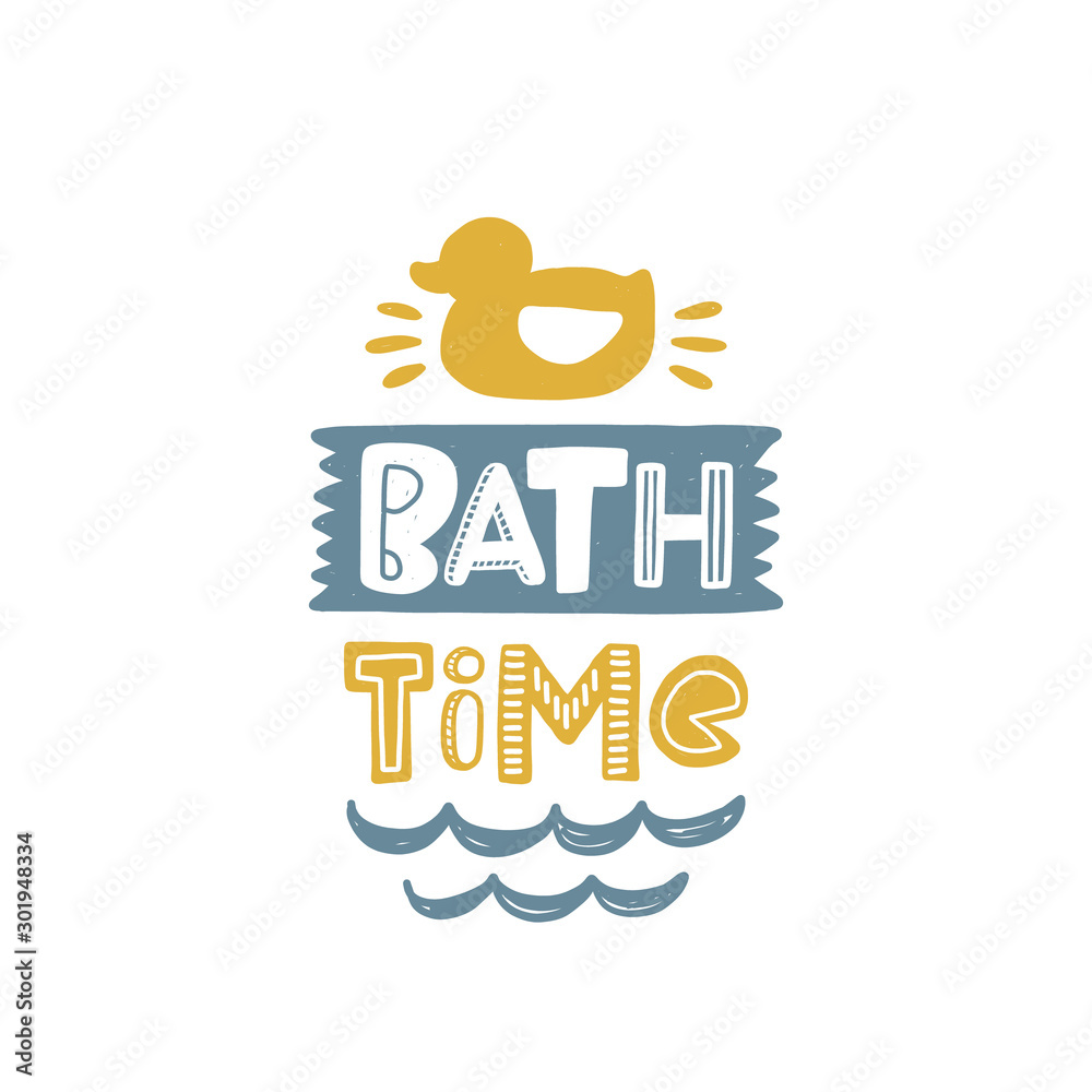 Bath time colored lettering with duck and waves. Baby vector bathroom ...