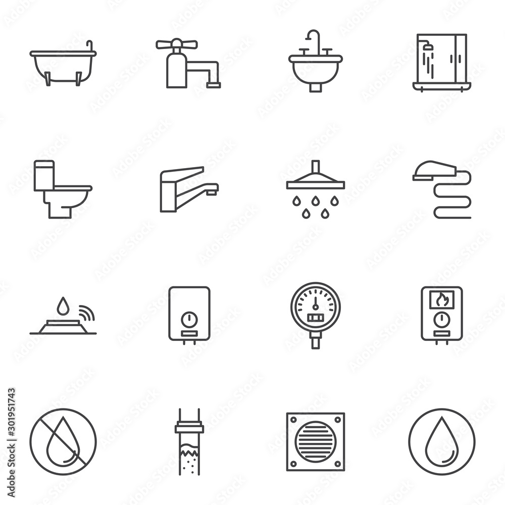 Plumbing line icons set. linear style symbols collection, outline signs ...