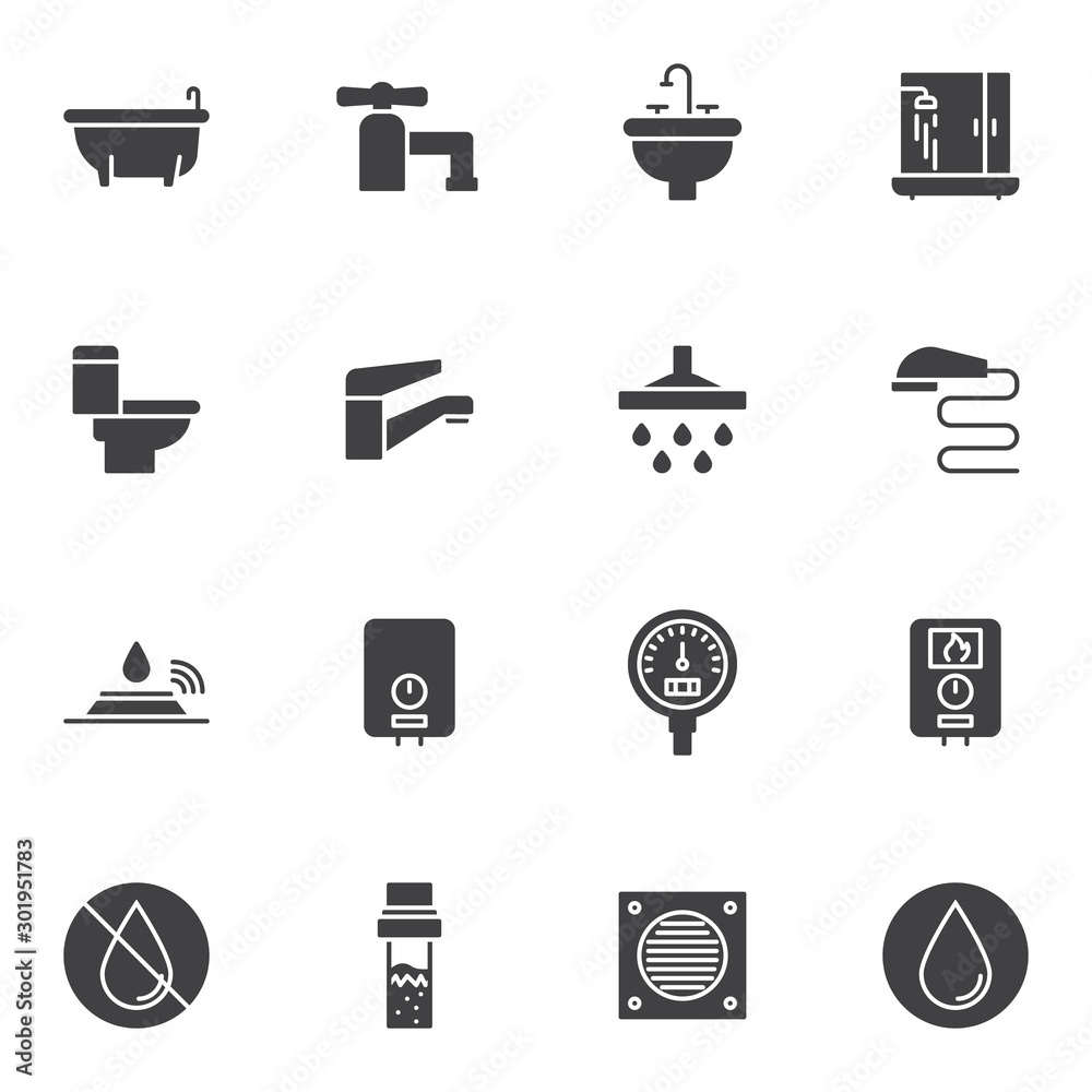Plumbing vector icons set, modern solid symbol collection, filled style ...