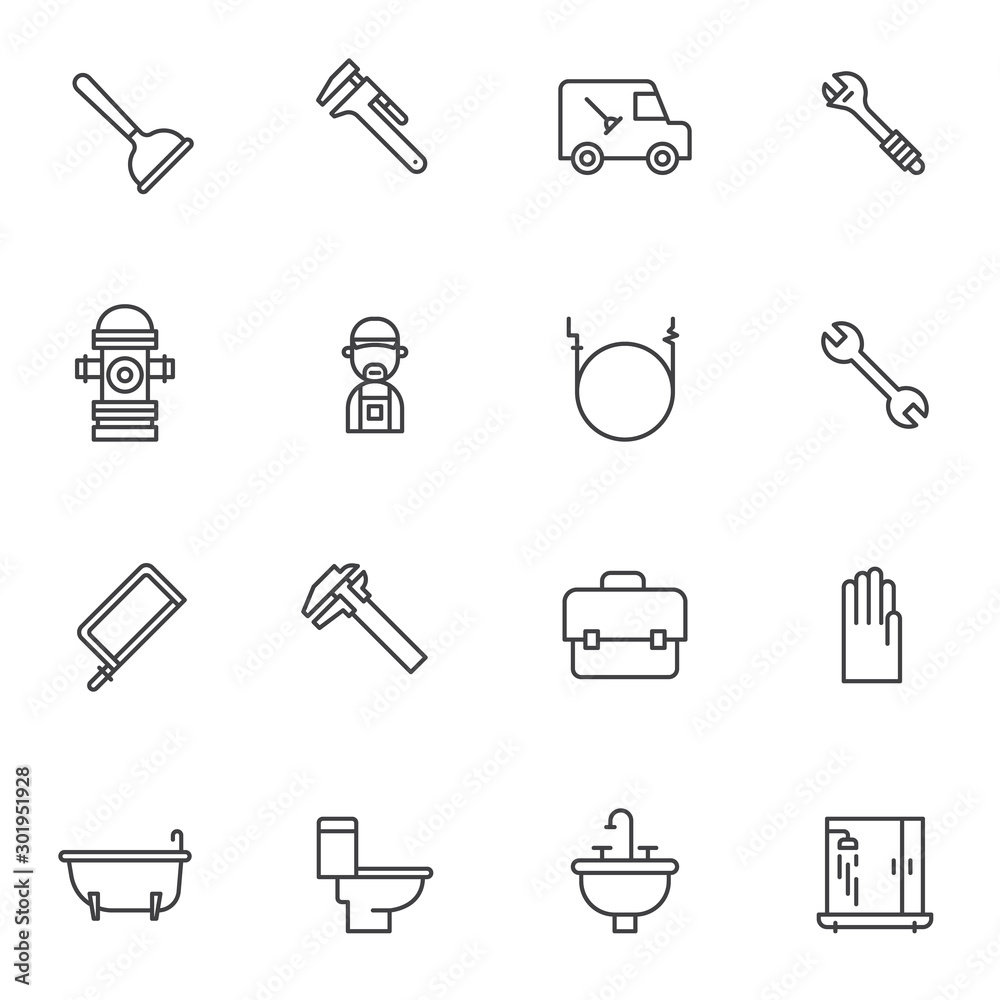 Plumber tool line icons set. linear style symbols collection, outline ...