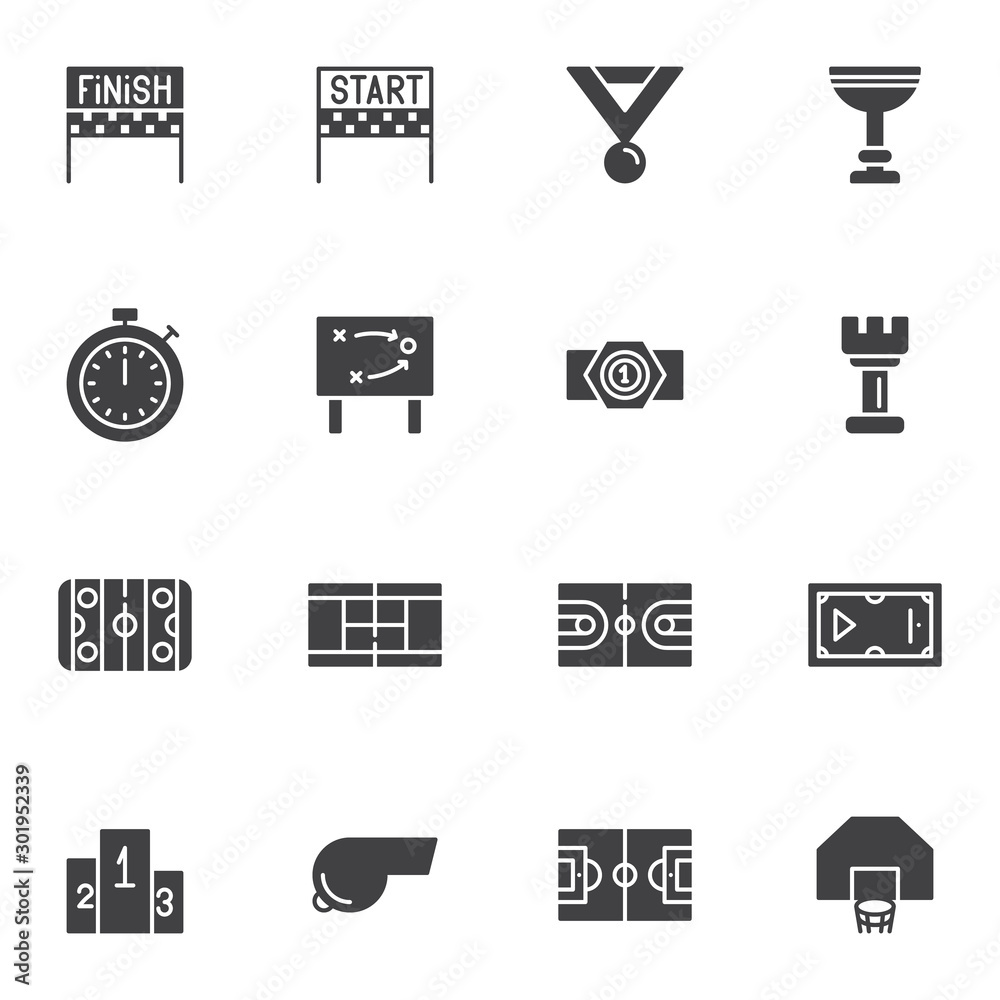 Sport equipment vector icons set, modern solid symbol collection ...