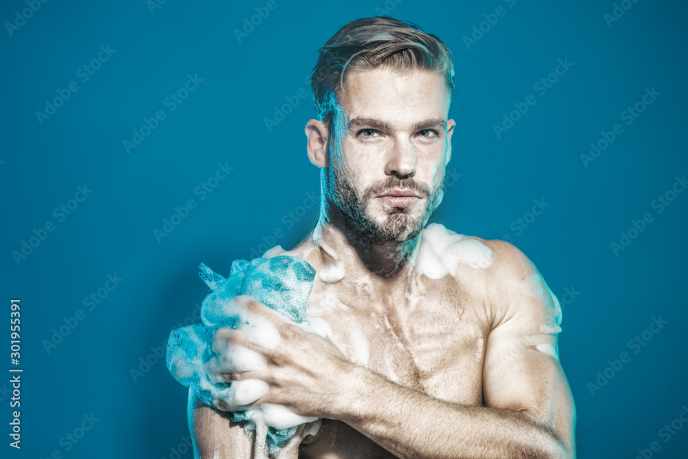 Showering Bearded Man Washing In Bathroom Man In Shower Fit Man With