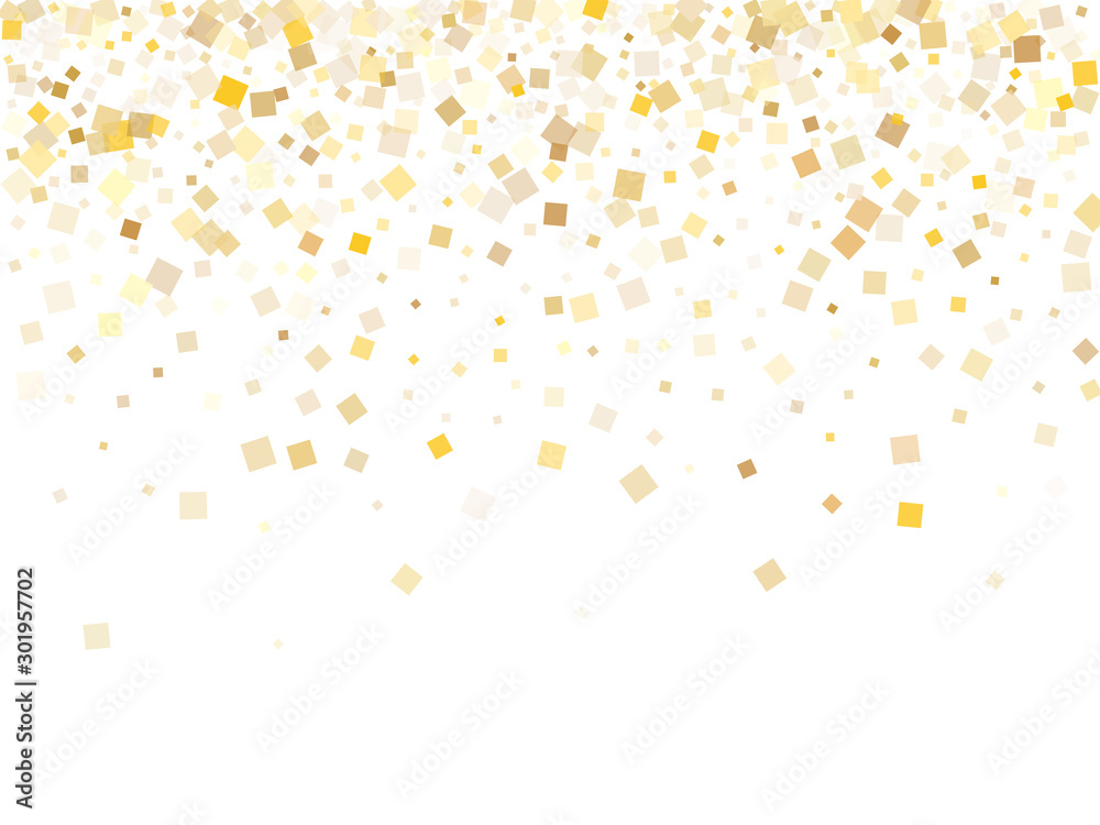 Chaotic gold confetti sequins tinsels falling on white. VIP New Year ...