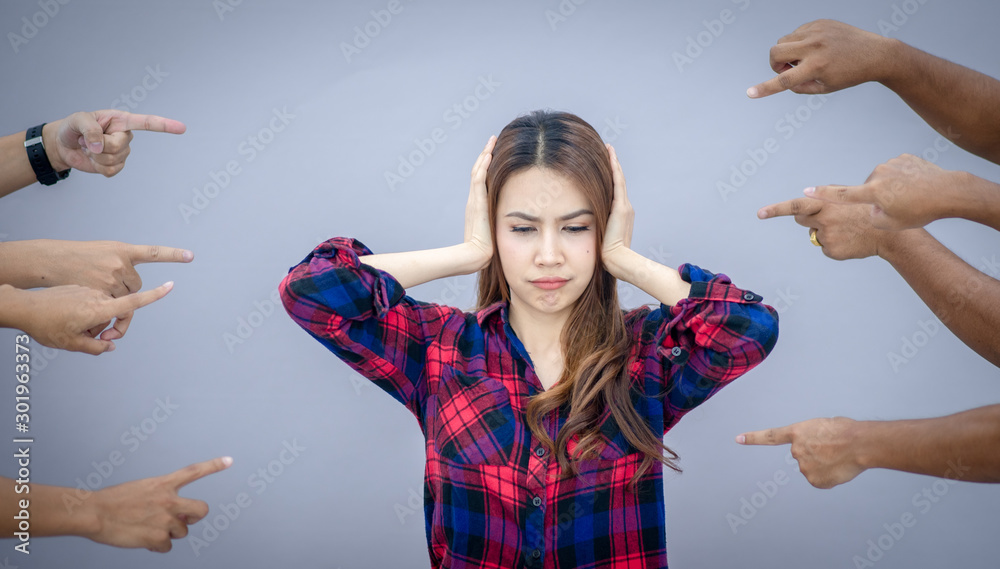 Blaming you. Anxious surprised woman being judged by different people ...