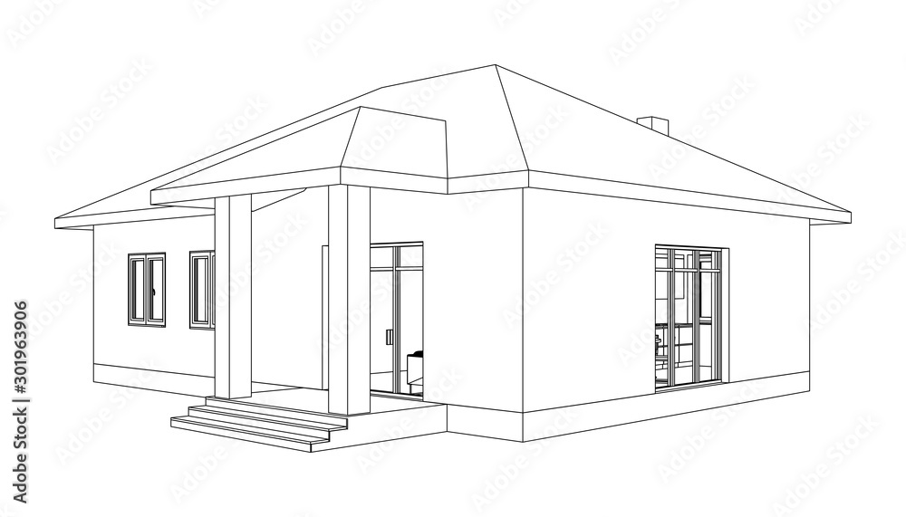 Modern building perspective 3D. Drawing of the suburban house. Outlines ...