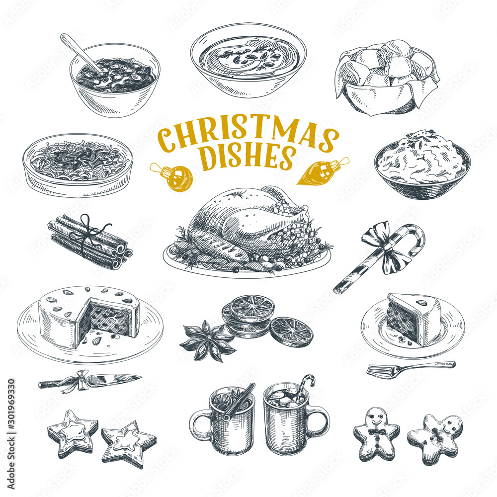 Christmas dishes hand drawn illustrations set Stock Vector | Adobe Stock