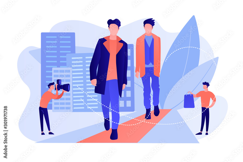 Catwalk male models display clothes on runway fashion show and event ...