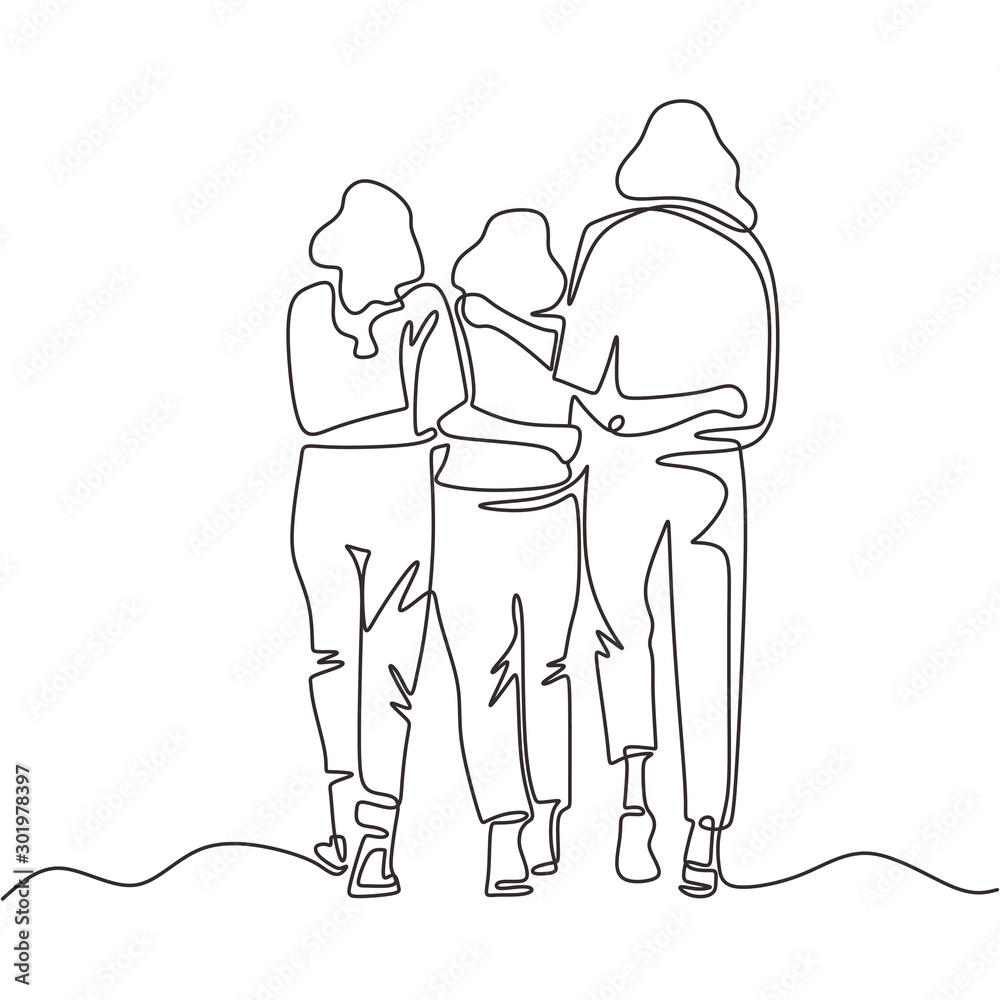 Continuous one line drawing of three girls walking. Young sisters group ...