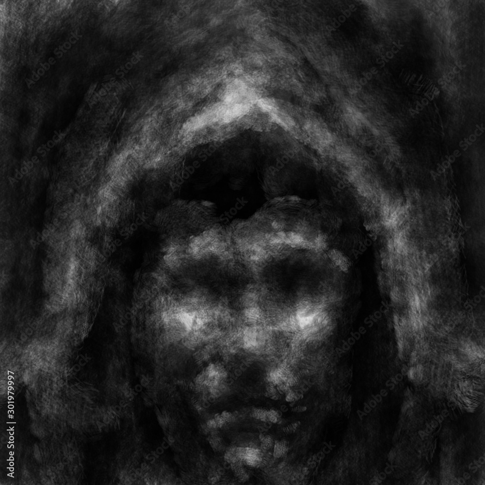 Serious male face in the hood. Black and white fantasy art illustration ...