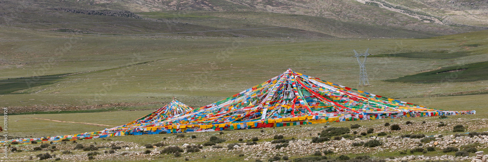 TIBETAN PLATEAU, TIBET / CHINA - Aug 1, 2019: Panorama view on prayer ...