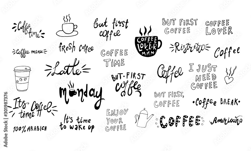 Hand lettering illustration about coffee. Vector Coffee time words and ...