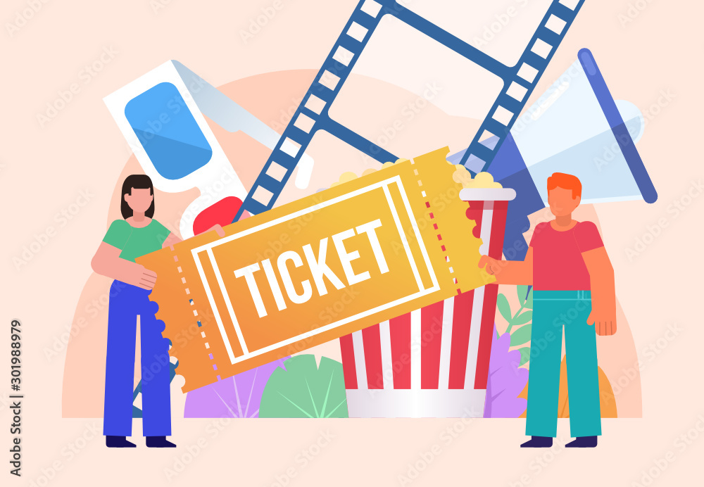 Cinema, theater or movie advertisement. Man and woman hold big cinema ...