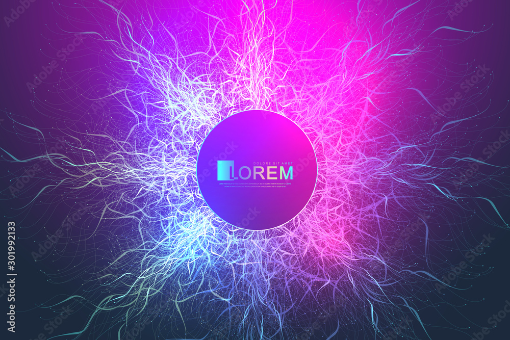 Abstract scientific background with dynamic particles, wave flow. 3D data visualization with ...