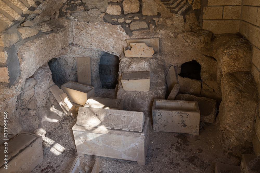 Group crypt - burial place with sarcophagus in Dominus Flevit Church on ...