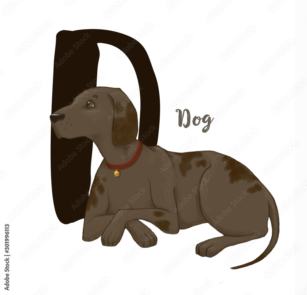 Hand drawn illustration of cute digital dog character and "D" letter of ...
