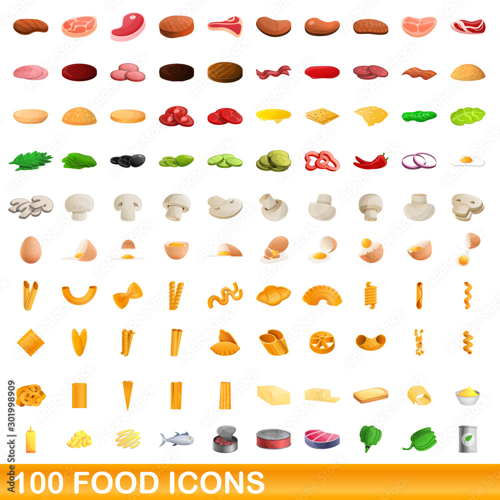 100 food icons set. Cartoon illustration of 100 food icons vector set ...