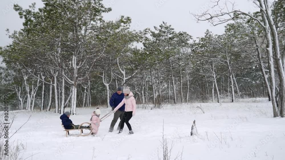 Happy family sledding on snowy winter day. Daughter helps father and ...
