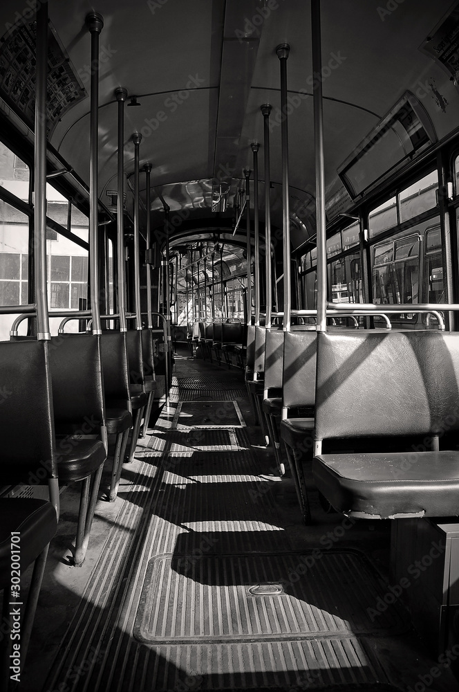 Inside the old bus. Empty bus seats. Black and white. Stock Photo ...