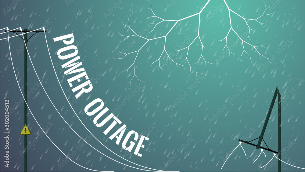 Power outage. Damaged Power Line concept. Broken utility pole with cut ...