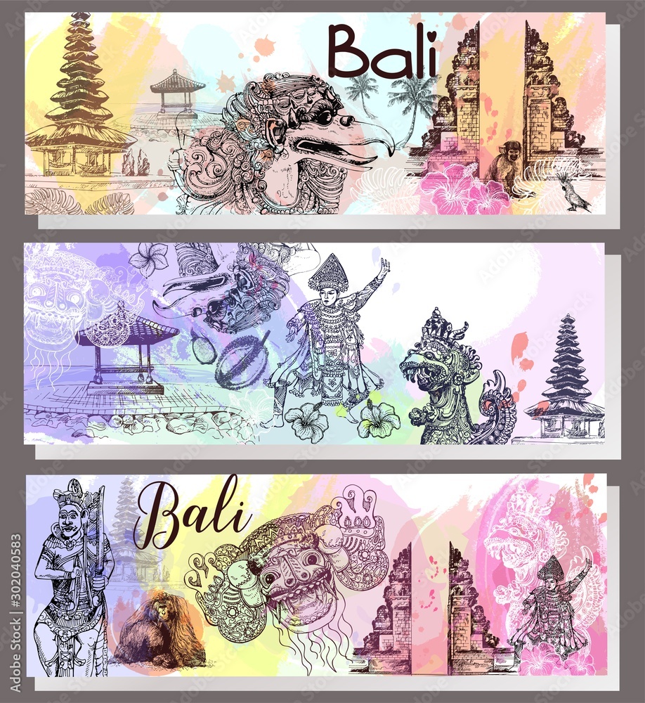 Set of poster card compositions of hand drawn sketch style Bali themed ...