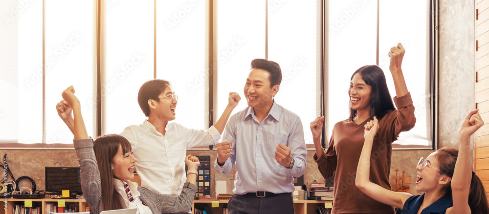 Banner of happy asian creative team or staff employee feeling enjoy and ...