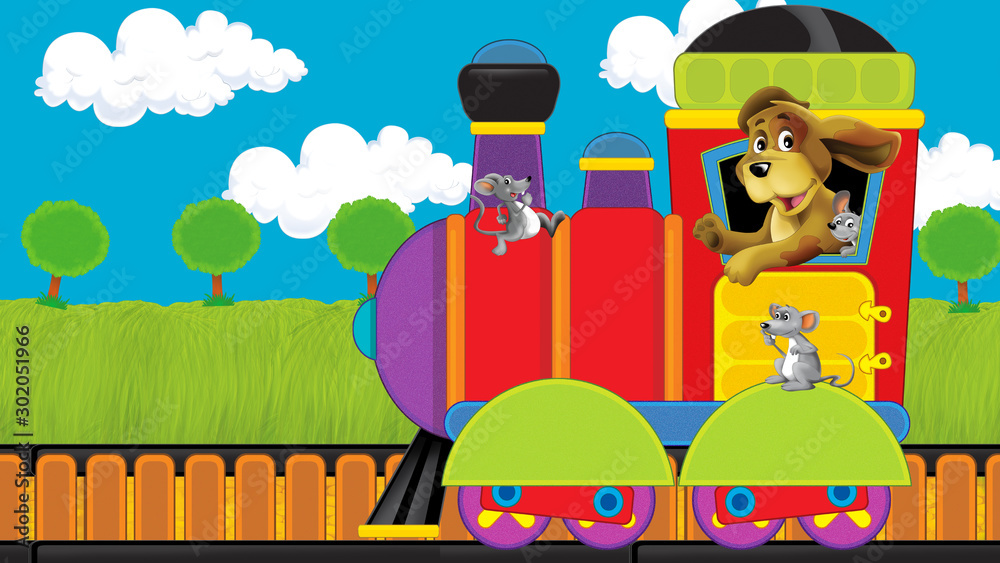 Cartoon funny looking steam train going through the meadow with dog and ...