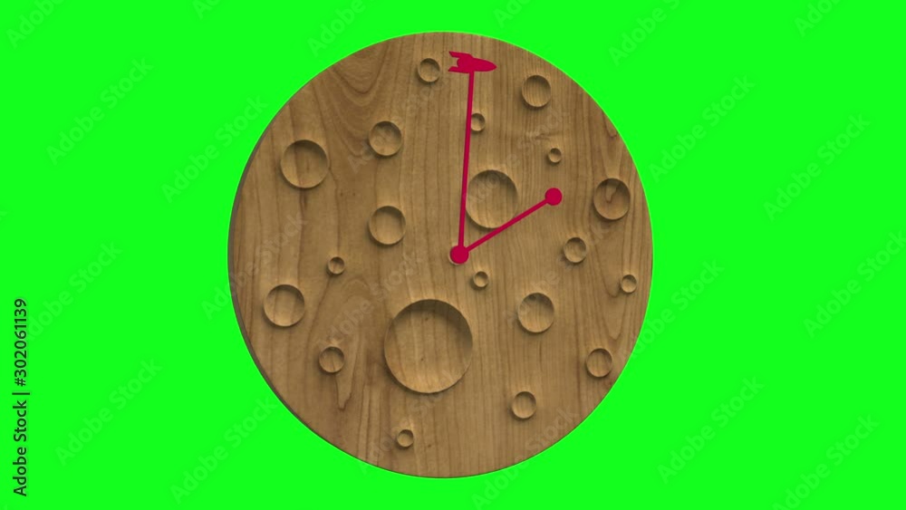 3D wooden space circular clock on green screen or chroma key background ...