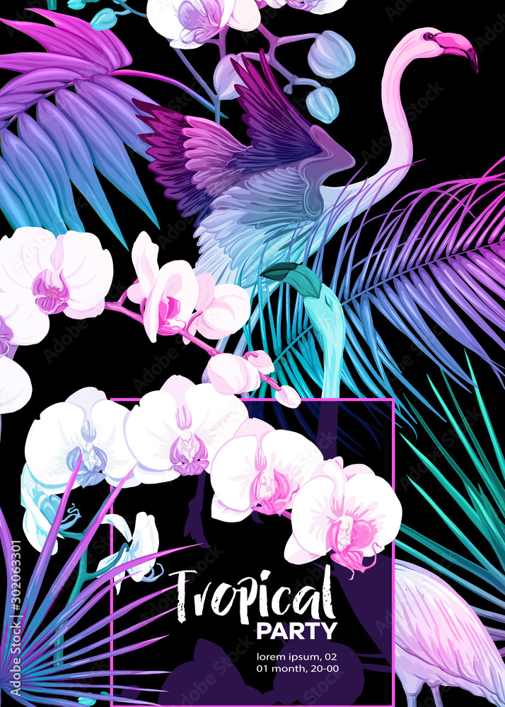 Background, party invitation, cover with text box with tropical plants ...
