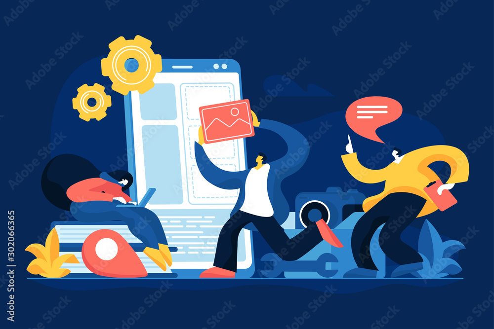 Mobile app engineering flat vector illustration. Front end development ...