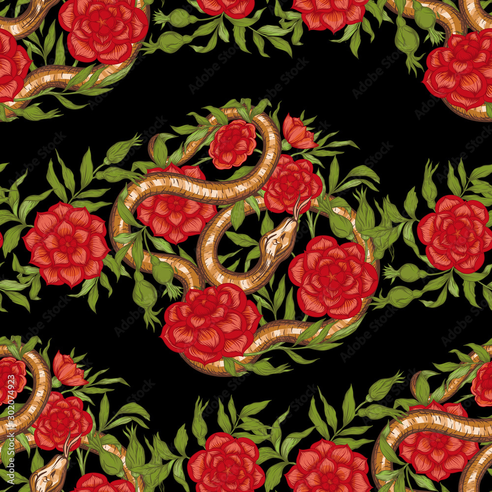 Roses and snake. Seamless pattern, background. Graphic drawing ...