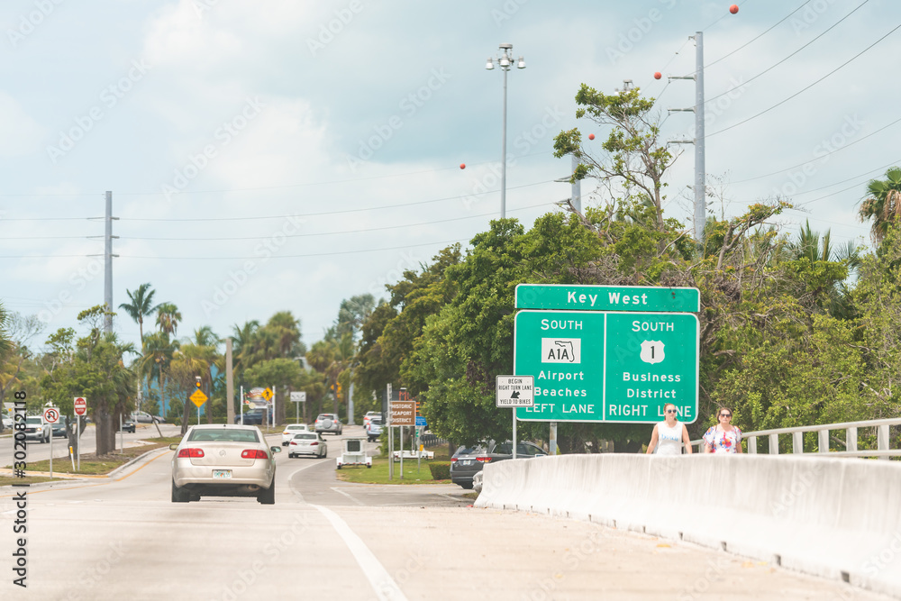 Key West, USA - May 1, 2018: Overseas highway road, US1, entrance ...