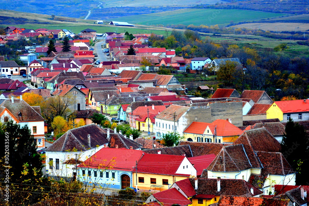 Typical rural landscape and peasant houses in Garbova, Transylvania ...