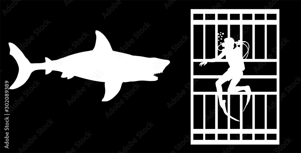 Diver in diving cage observing a great white shark vector silhouette ...