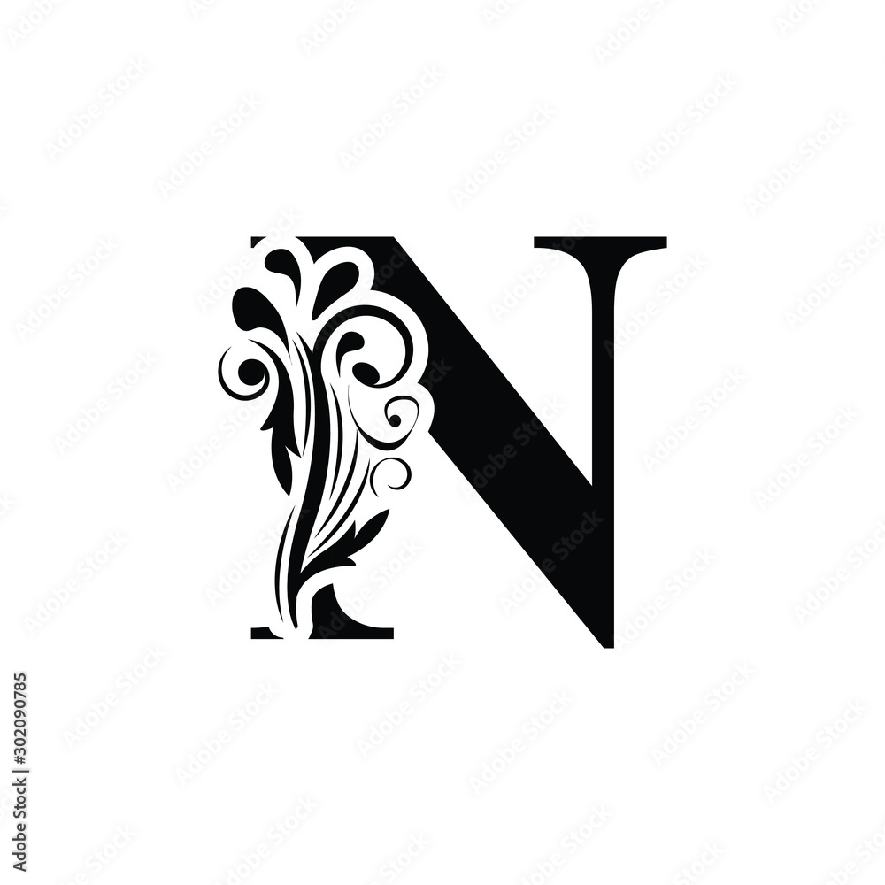 letter N. Black flower alphabet. Beautiful capital letters with shadow ...