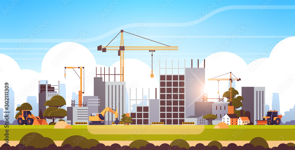 modern construction site with cranes tractor and bulldozer unfinished ...
