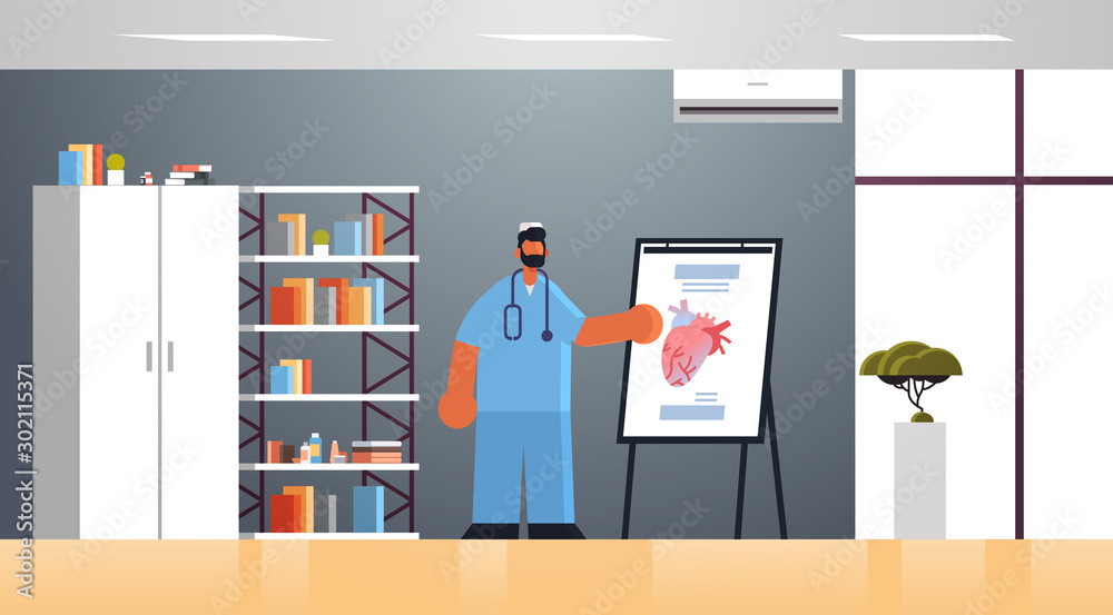 male doctor cardiologist in uniform presenting flip chart with human ...