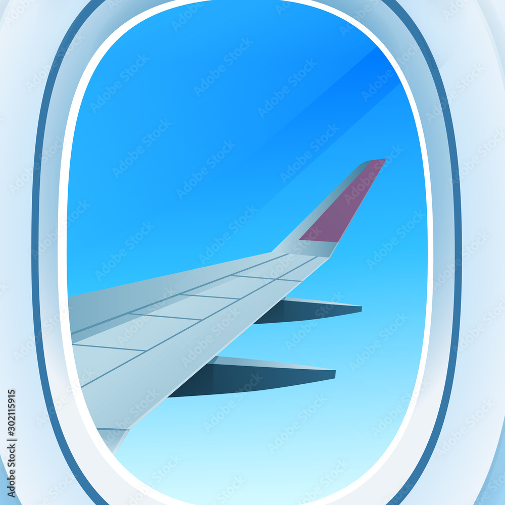 airplane window opened porthole view into open space sky with wing ...