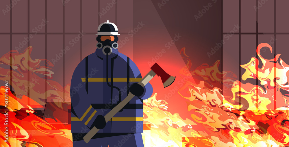 brave fireman holding axe firefighter wearing uniform and helmet ...