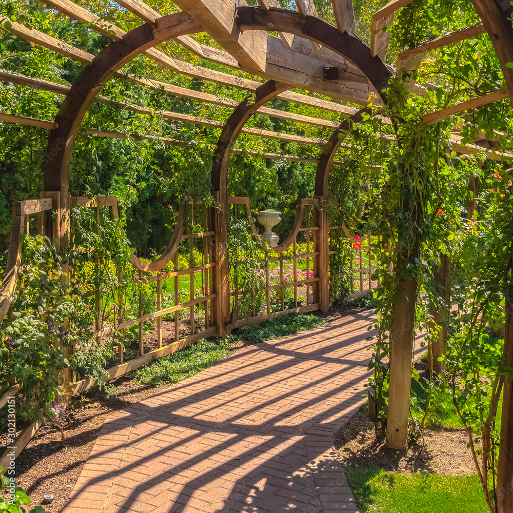 Square frame Wooden arbor at a wedding venue with lush green plants and ...