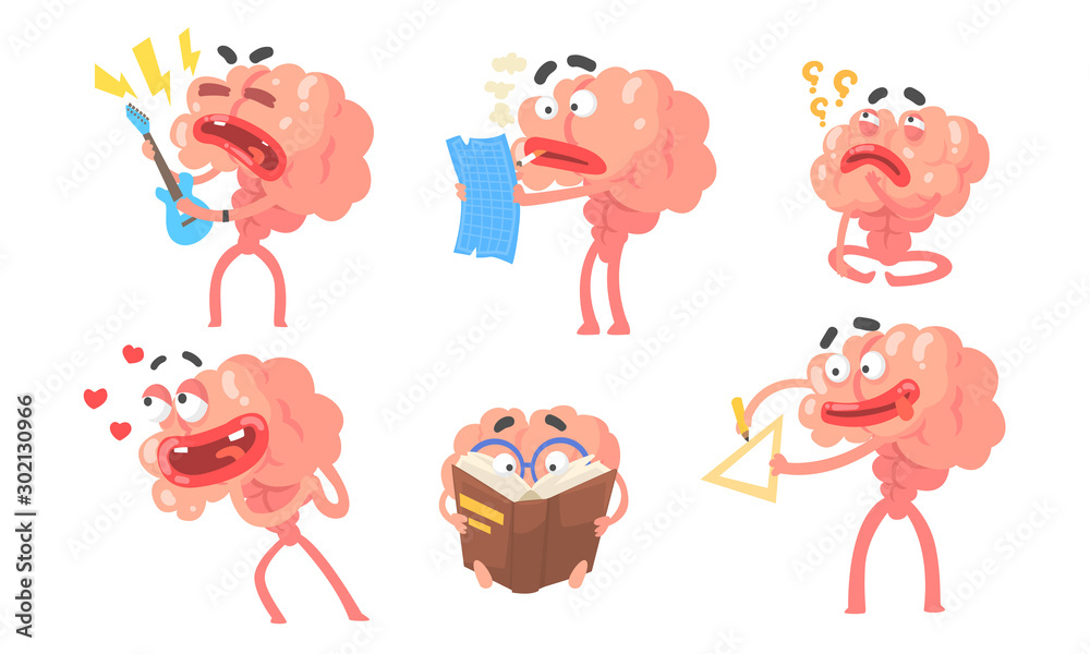 Set of cartoon humanized brains with arms and legs. Vector illustration ...