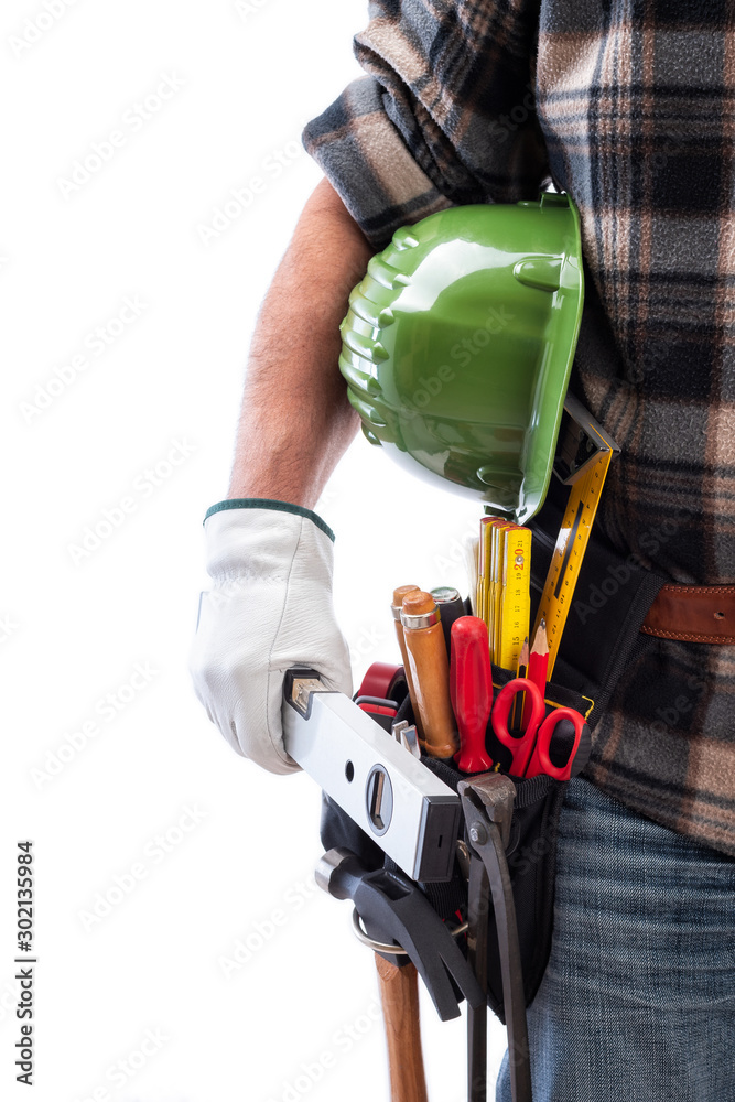 Carpenter isolated on a white background; he wears leather work gloves ...