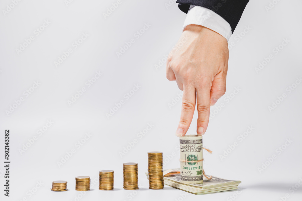 Finger of businessman walking up Growing Money graph symbol of a ...
