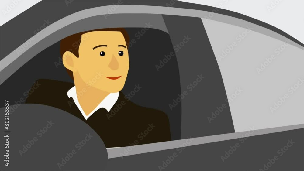 2D animation, male driver receiving keys, smiling, and closing car ...
